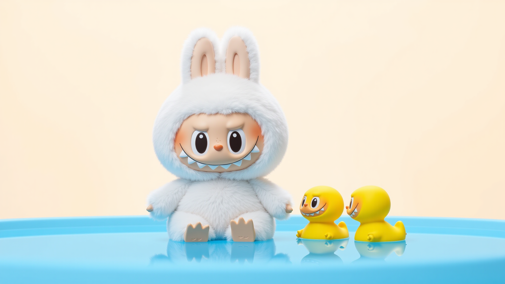 Summer Pool Party with White Labubu and Three Little Yellow Ducks ...