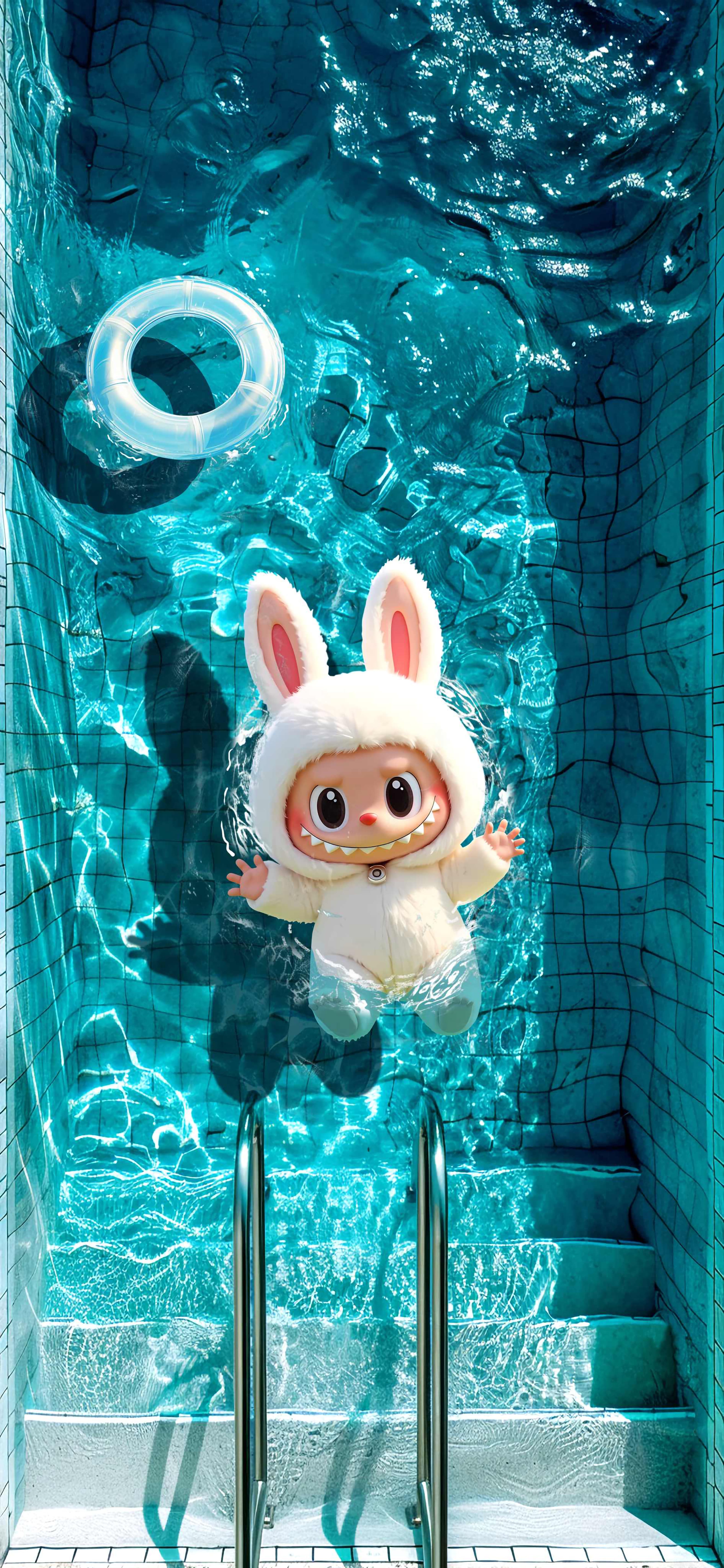 White Labubu Pool Wallpaper - Labubu Wallpapers Box